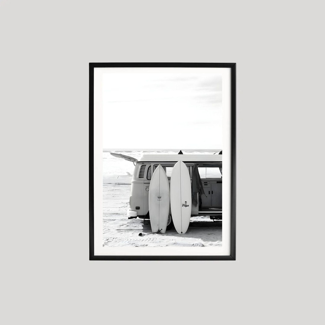 Surf Van at Beach Poster, Black and White Surf Photography With Vintage ...