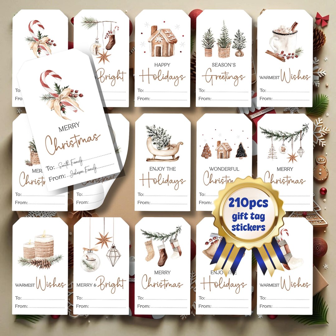 210pcs Rustic Christmas Gift Tag Stickers – Neutral Watercolor Holiday ...