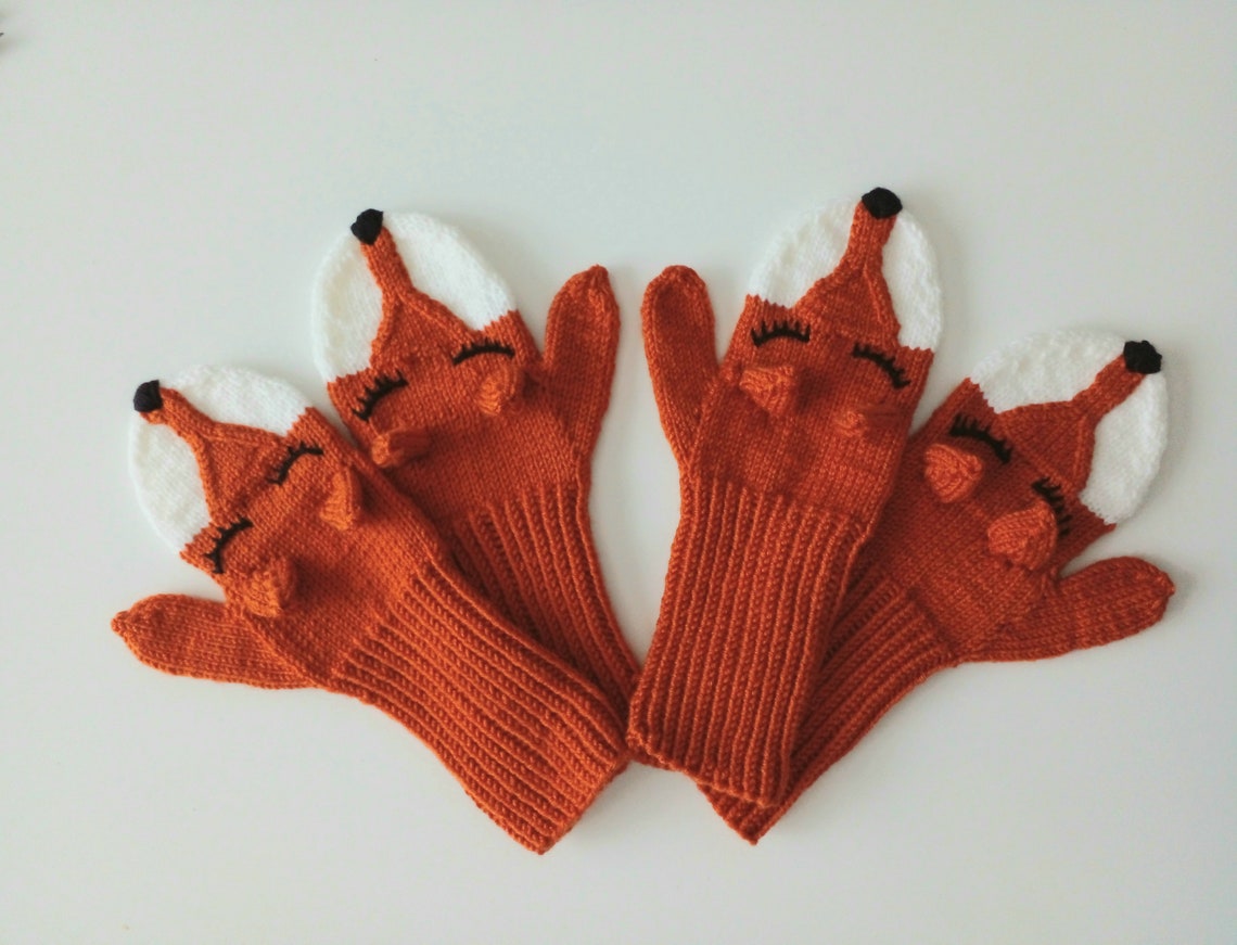 Knit Fox Mittens Gloves Hand Knit Fox Mittens-adult Size - Etsy