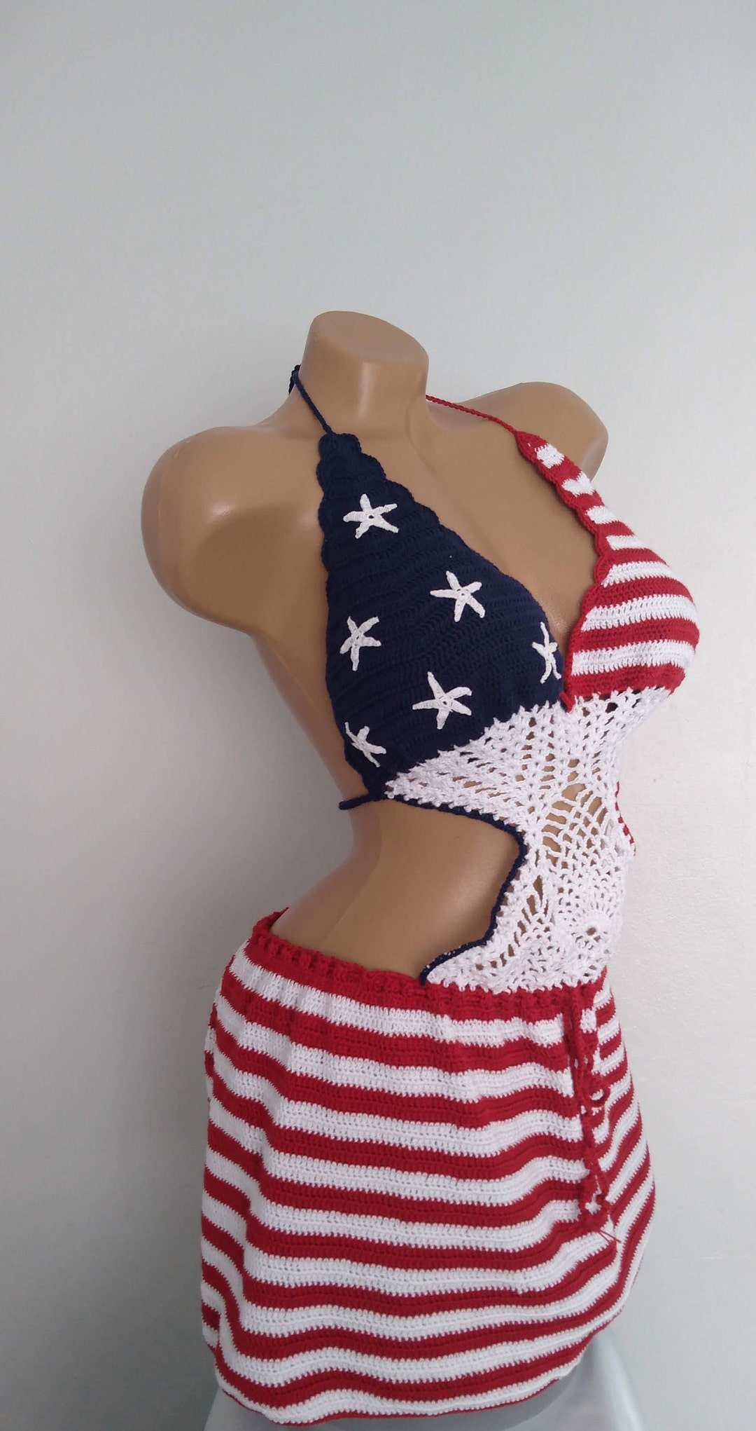 USA Flag Triangle One Piece Crochet Monokini,handmade Lace Crochet,boho ...