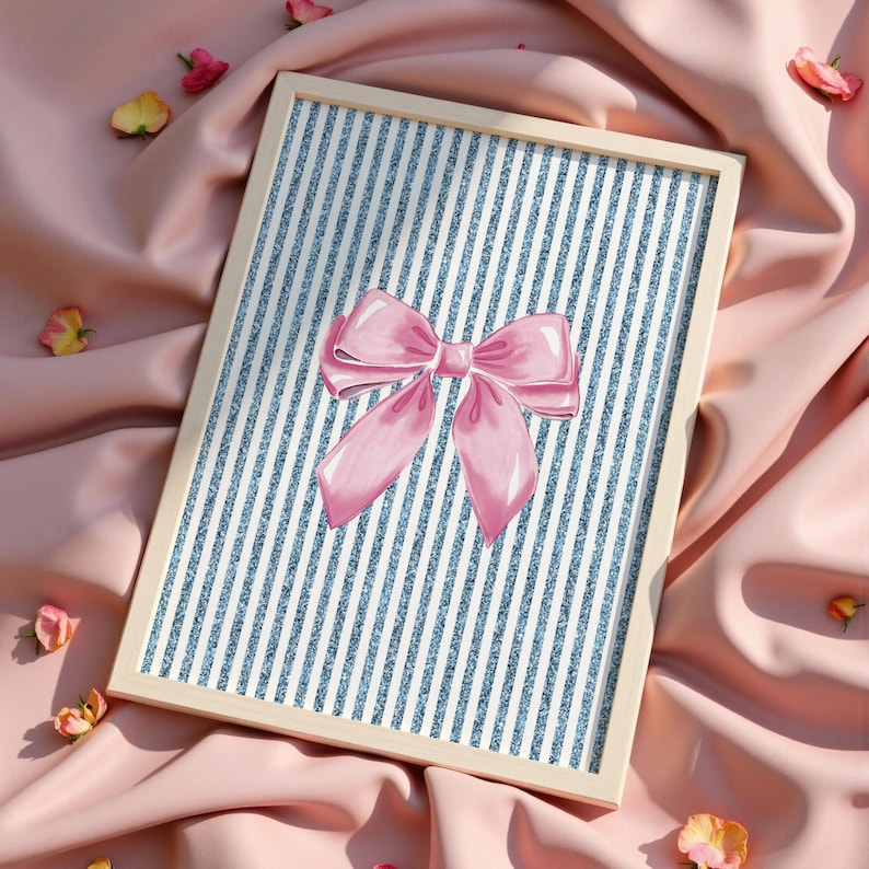 Pink Bow Wall Art | Coquette Printable | Feminine Stripe Poster | Girly ...