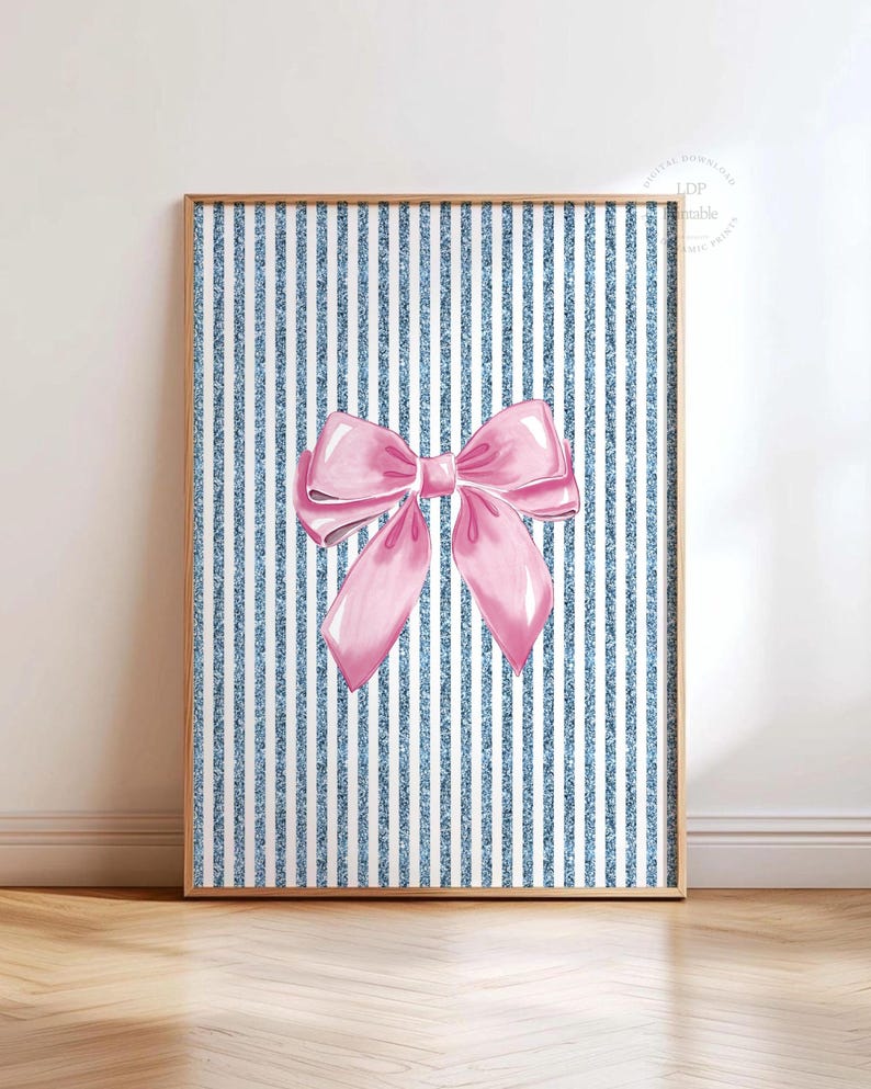 Pink Bow Wall Art | Coquette Printable | Feminine Stripe Poster | Girly ...