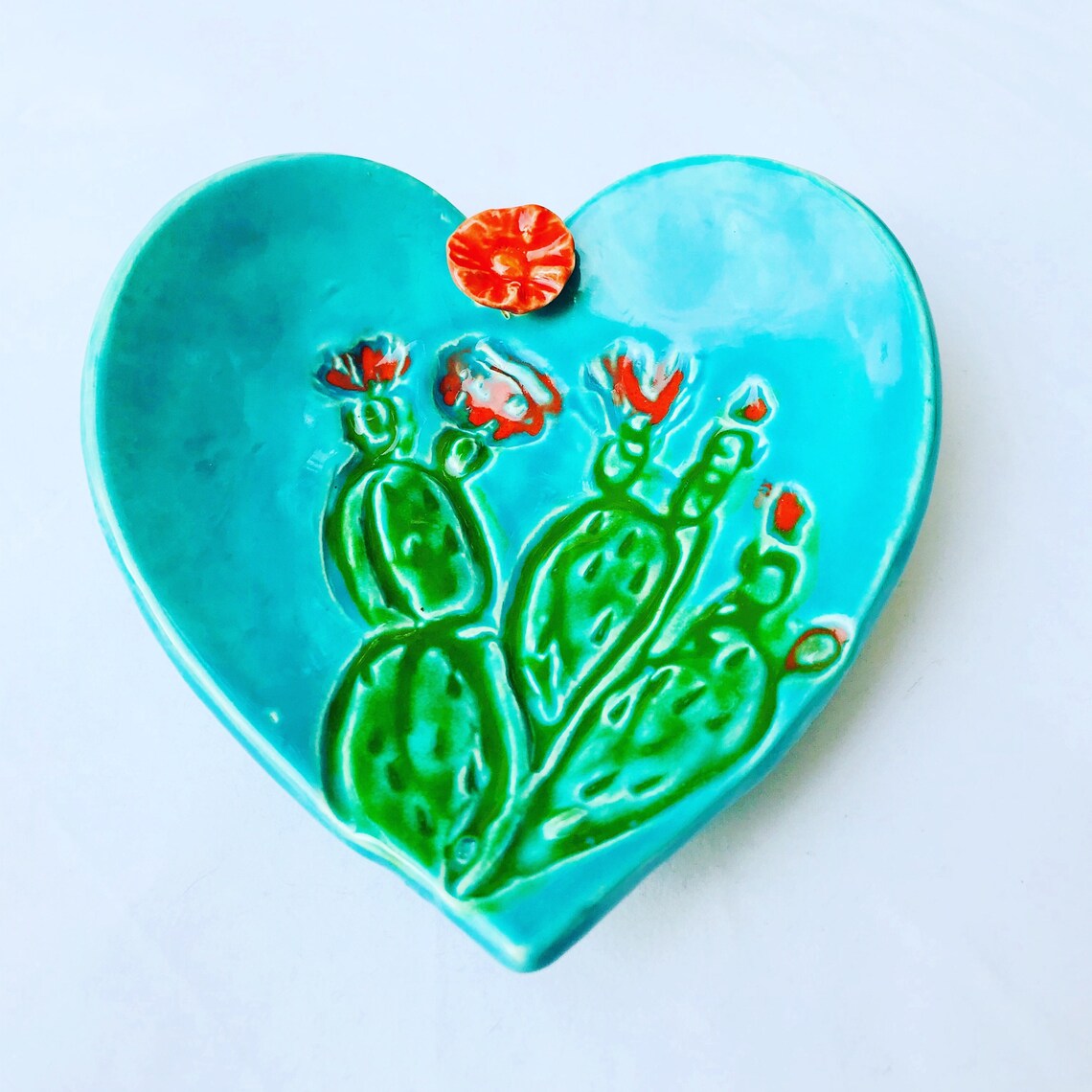 Teal Ceramic Heart Dish, Cactus Decor, Southwestern Ring Holder - Etsy