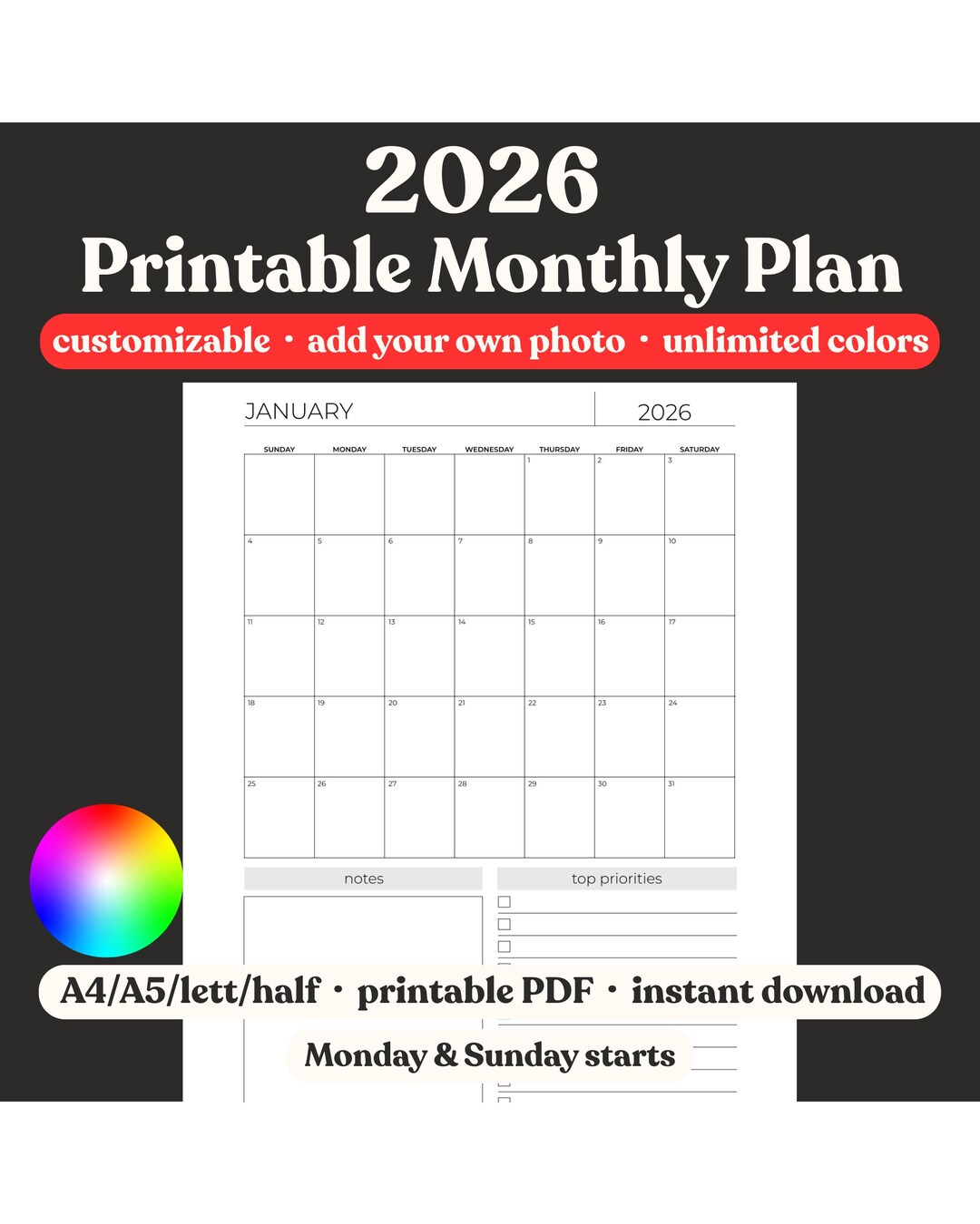 2026 Customizable Printable Monthly Planner PDF, A4/a5/letter/half ...