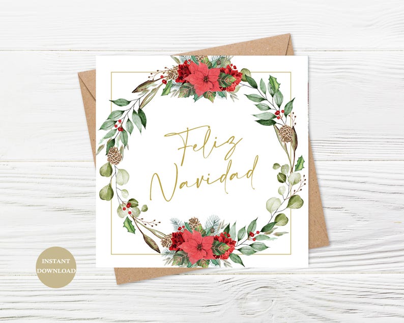 Feliz Navidad Christmas Card, Spanish Floral Wreath Holiday Card ...
