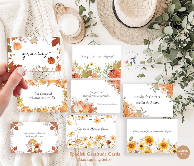 Spanish Thanksgiving Gratitude Cards: Printable Fall Thank You Notes ...