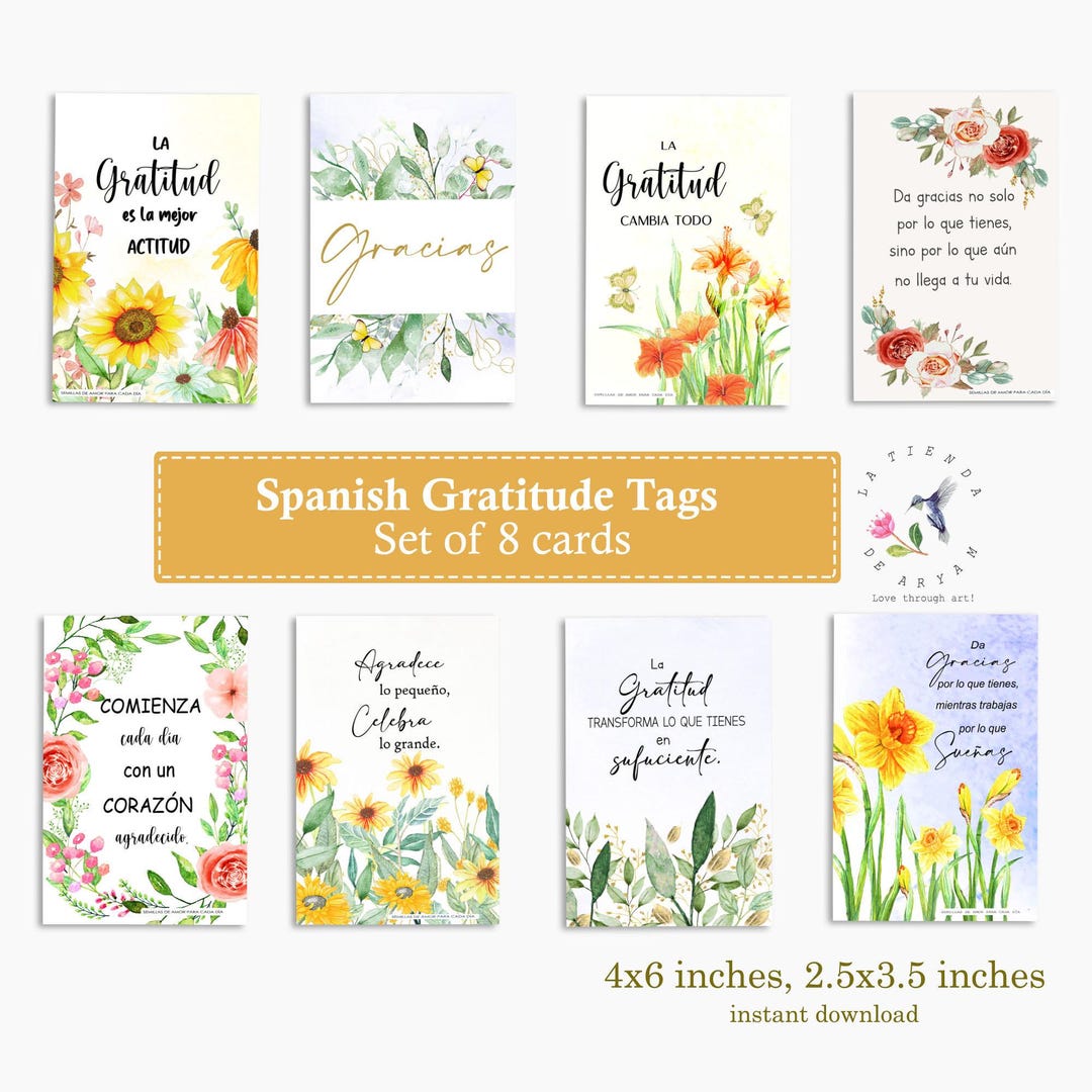Spanish Gratitude Cards – Set of 8 Printable Inspirational Cards in ...