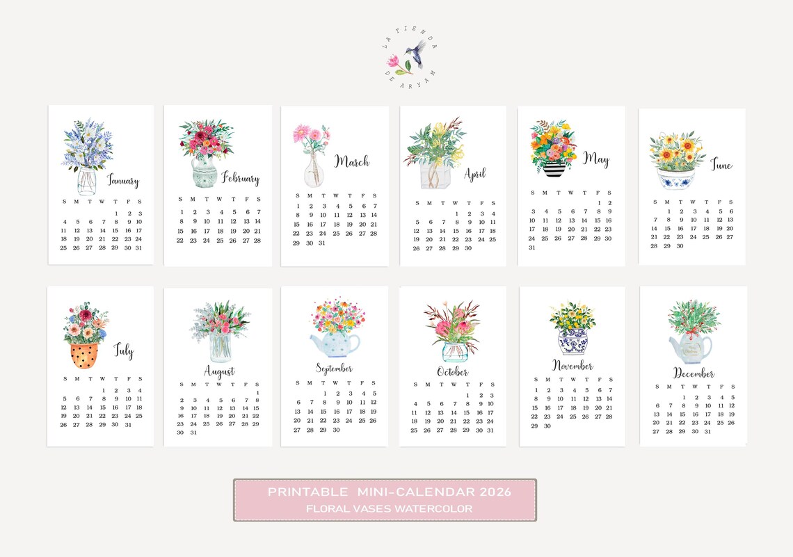 Printable 2026 Calendar, Floral Vase Calendar, Floral Calendar, Monthly ...