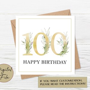 Printable 100th Birthday Card, 100th Birthday Card, 100th Gold Number ...