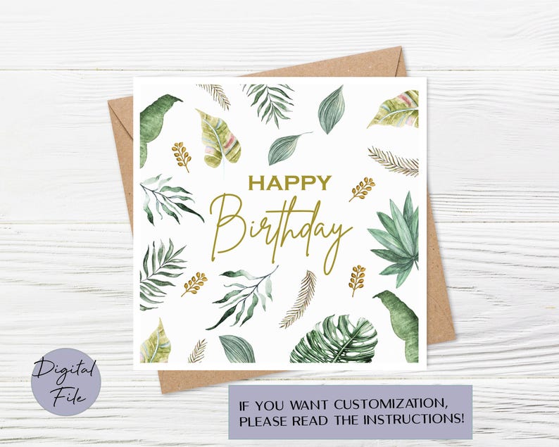 Printable Birthday Card,tropical Leaves Birthday Card, Happy Birthday ...