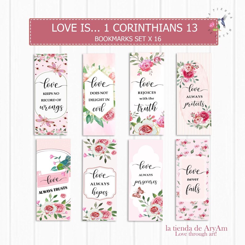 Love is Bible Set X8 Verse Bookmarks, 1 Corinthians 13 Bookmarks, Love ...