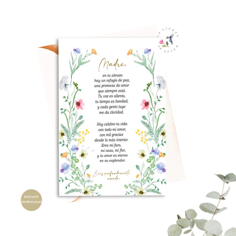 Spanish Poem Card for Mom – Printable Card in Spanish – Poem for Mother ...