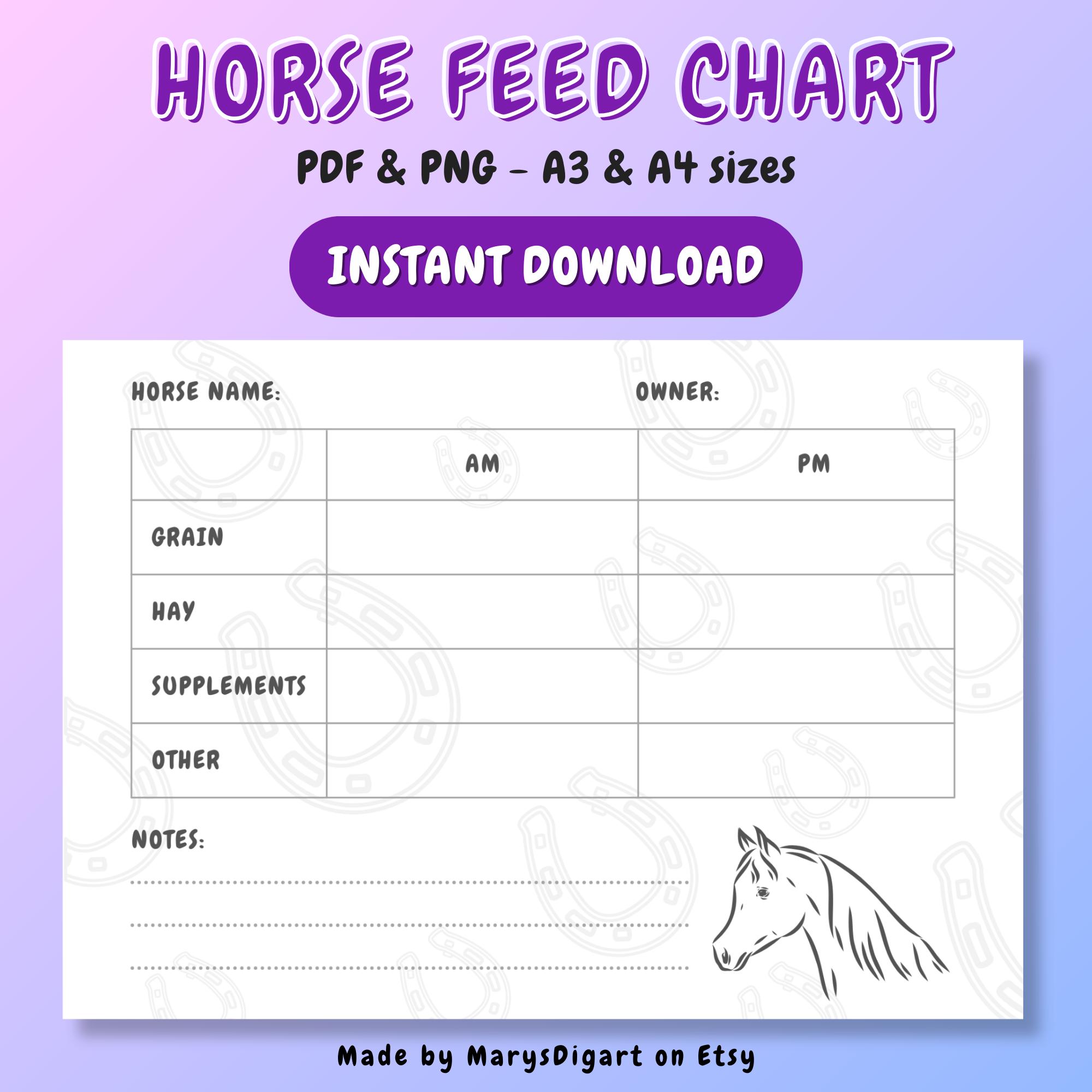 Horse Feed Chart Printable | A3 & A4, PNG and PDF Files - Instant Download | Equestrian ...