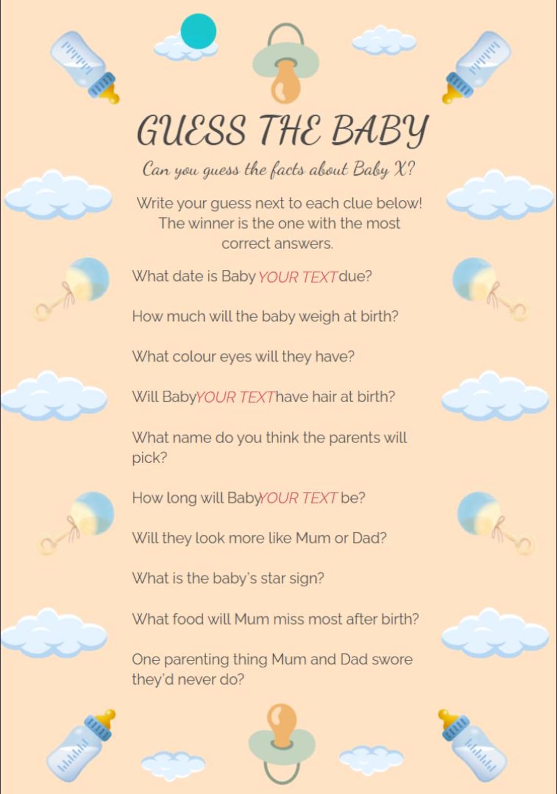 Baby Shower Guessing Game Printable – Guess the Baby Facts | A5 Size ...