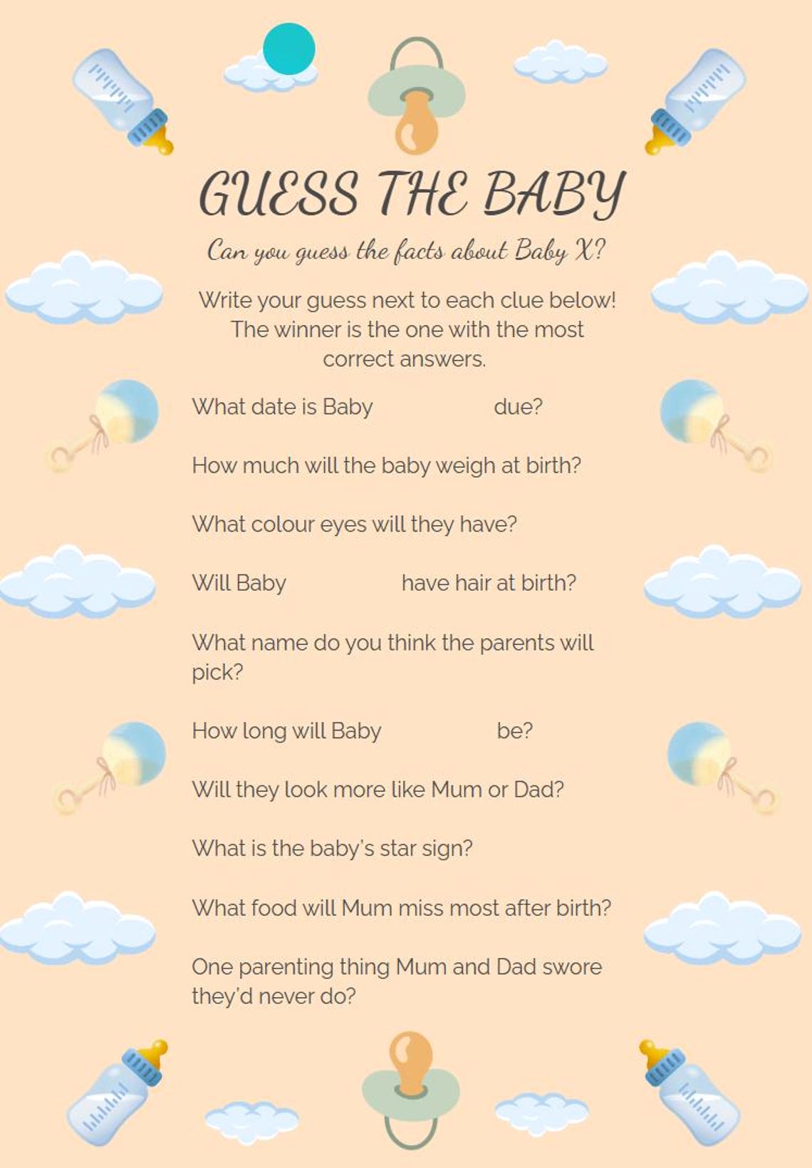 Baby Shower Guessing Game Printable – Guess the Baby Facts | A5 Size ...