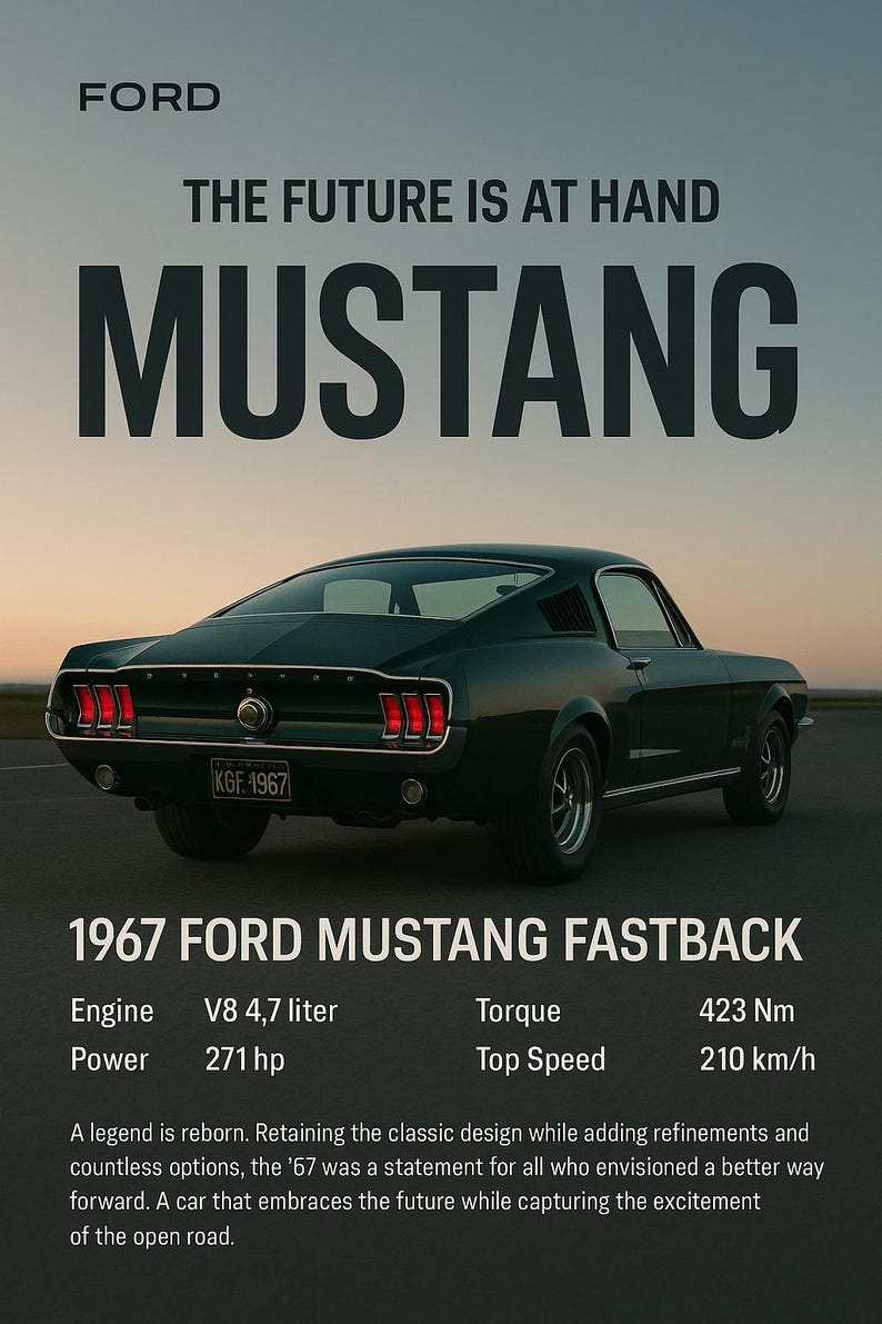 1967 Ford Mustang Fastback Poster – Classic Muscle Car Wall Art – Retro ...