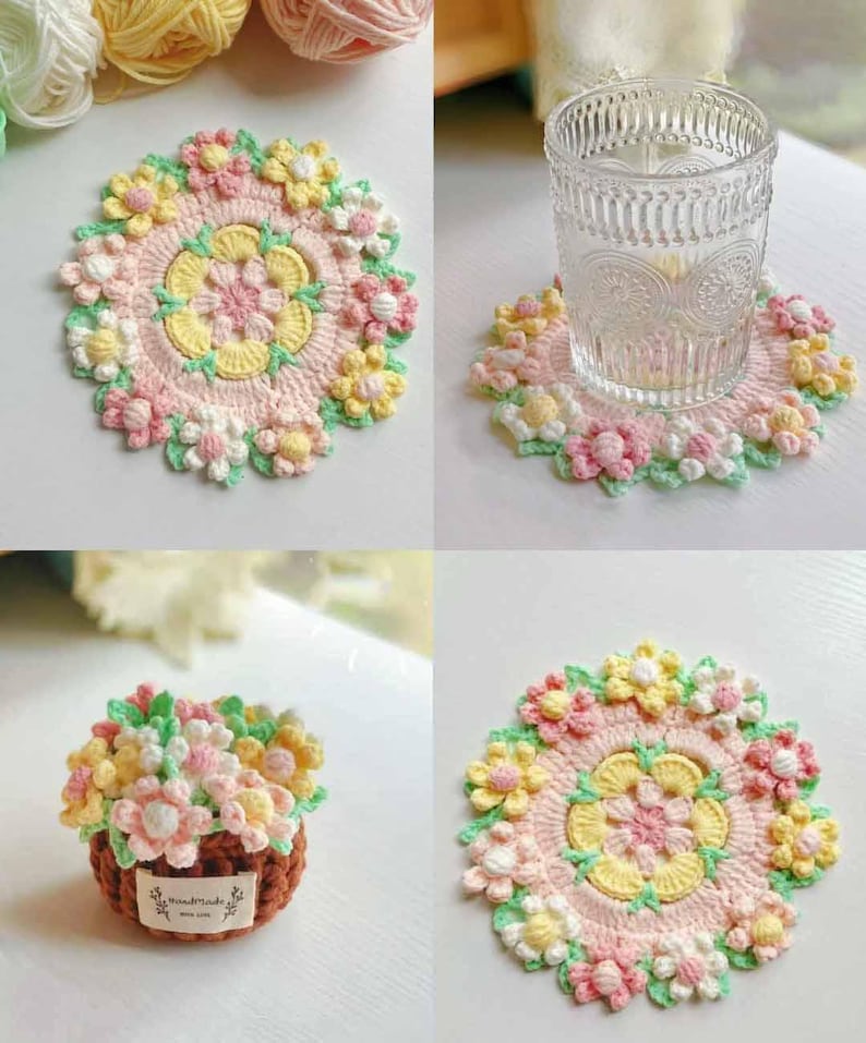 Daisy Flower Coaster Crochet Pattern 2 in 1 Flower Basket Set Coaster ...