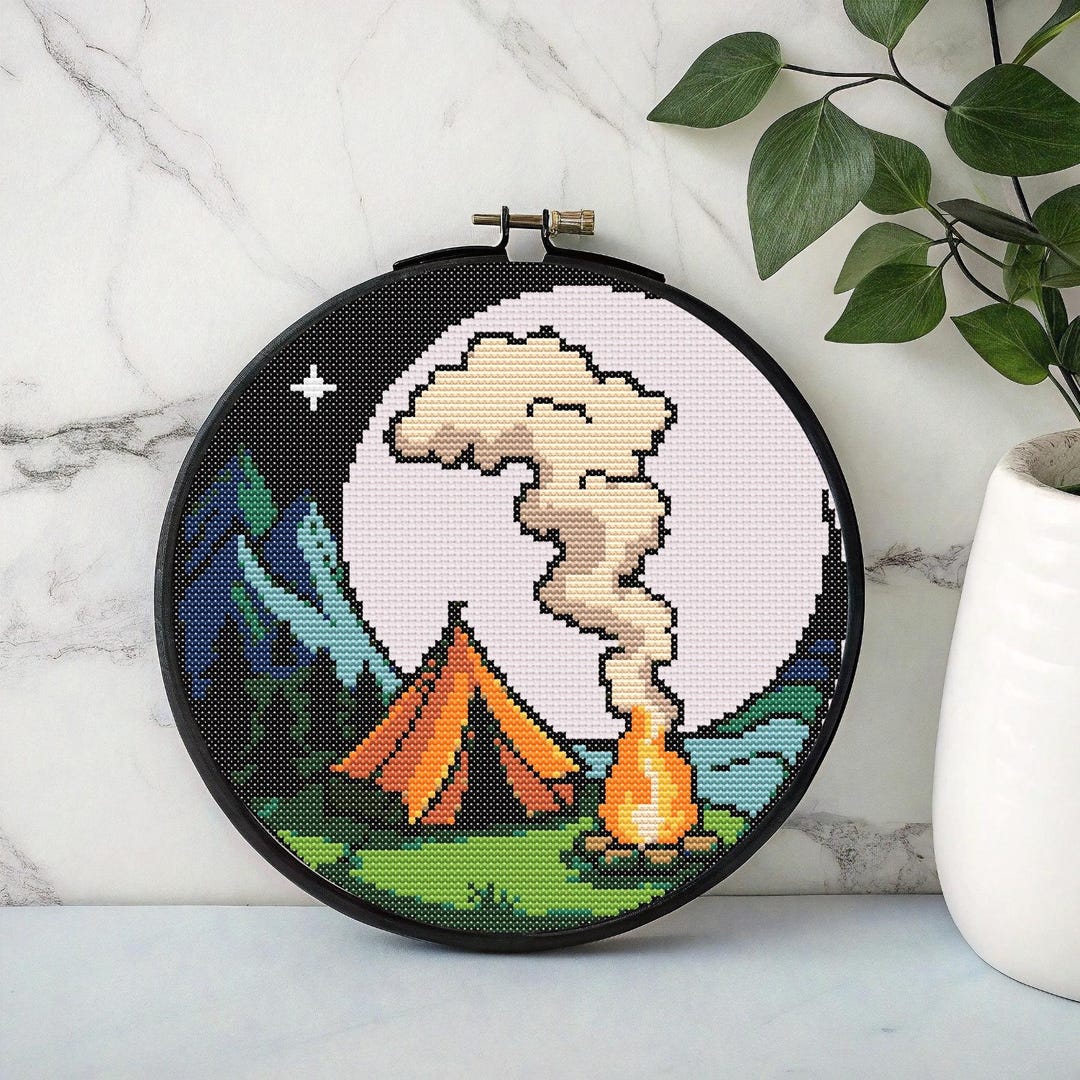 Moonlit Campfire Cross Stitch Pattern PDF | Night Camping Embroidery ...