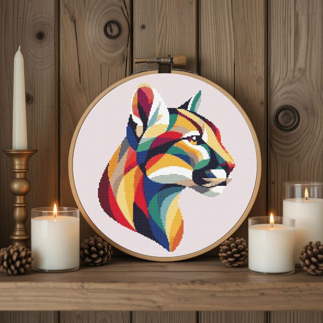 Geometric Cougar Cross Stitch Pattern: Modern Animal Embroidery (PDF ...