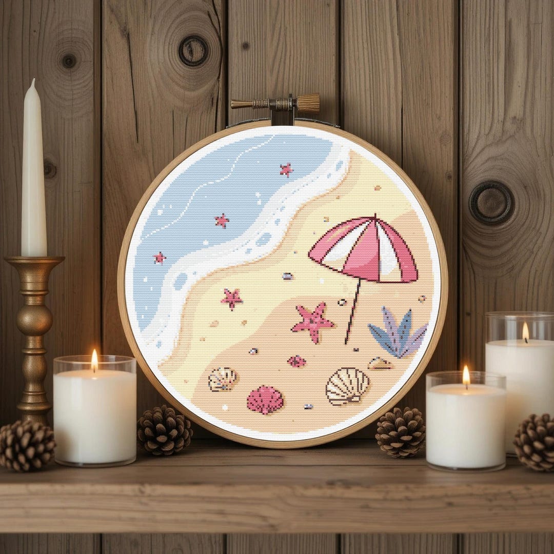 Summer Beach Cross Stitch Pattern | Round Coastal Embroidery (PDF ...