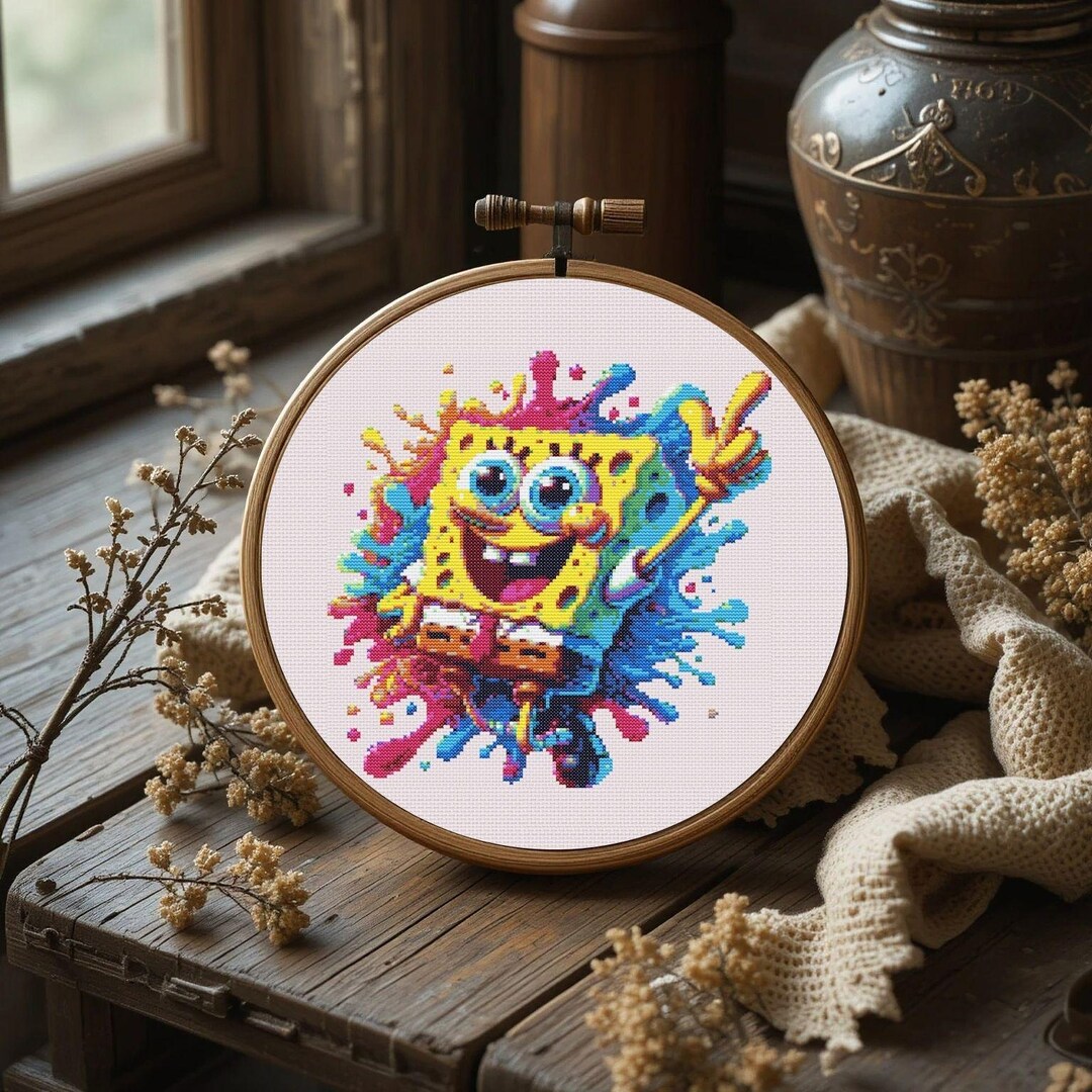 Color Splash Spongebob Cross Stitch Pattern: Fun Cartoon Embroidery ...