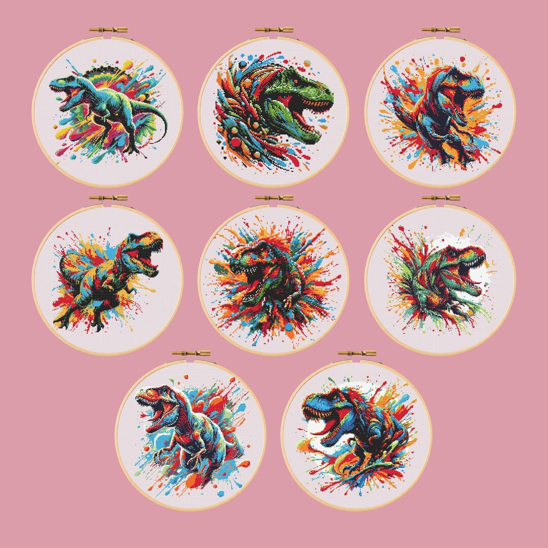 Dinosaur Cross Stitch Pattern: Paint Splatter Set of 8 (PDF Download ...