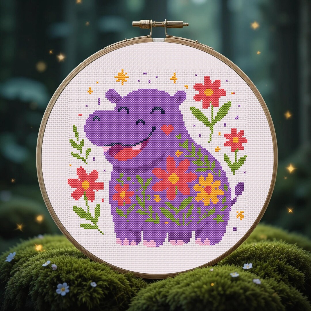 Floral Hippo Cross Stitch Pattern: Easy Embroidery (PDF Downloadable - Etsy
