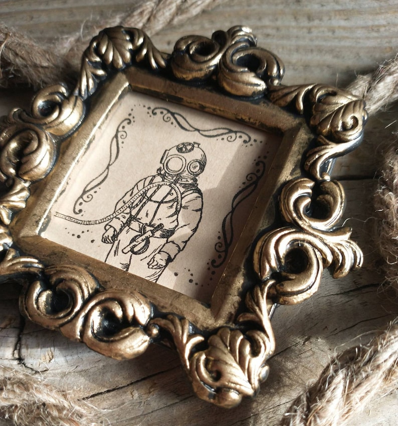 Deep Sea Diver Print in Baroque Frame - Vintage Style Ocean Curiousity ...