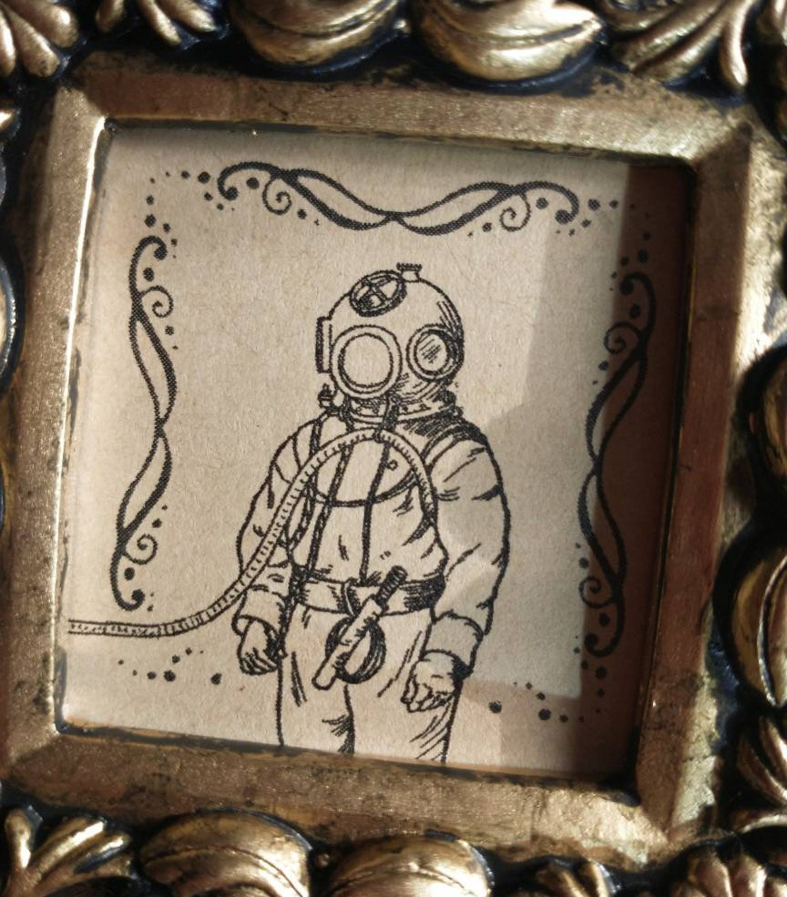 Deep Sea Diver Print in Baroque Frame - Vintage Style Ocean Curiousity ...