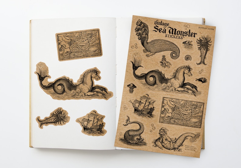 Vintage Sea Monster Stickers: Weird Ocean Creatures on Kraft Paper - Etsy