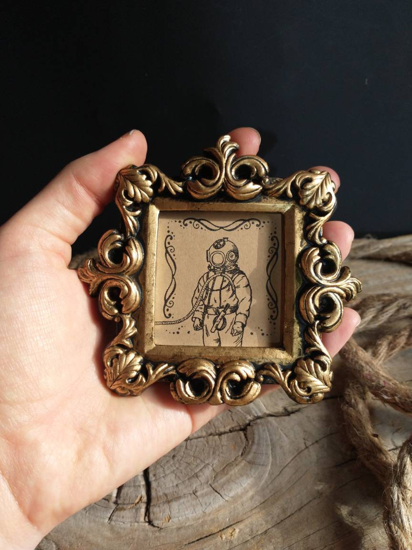 Deep Sea Diver Print in Baroque Frame - Vintage Style Ocean Curiousity ...