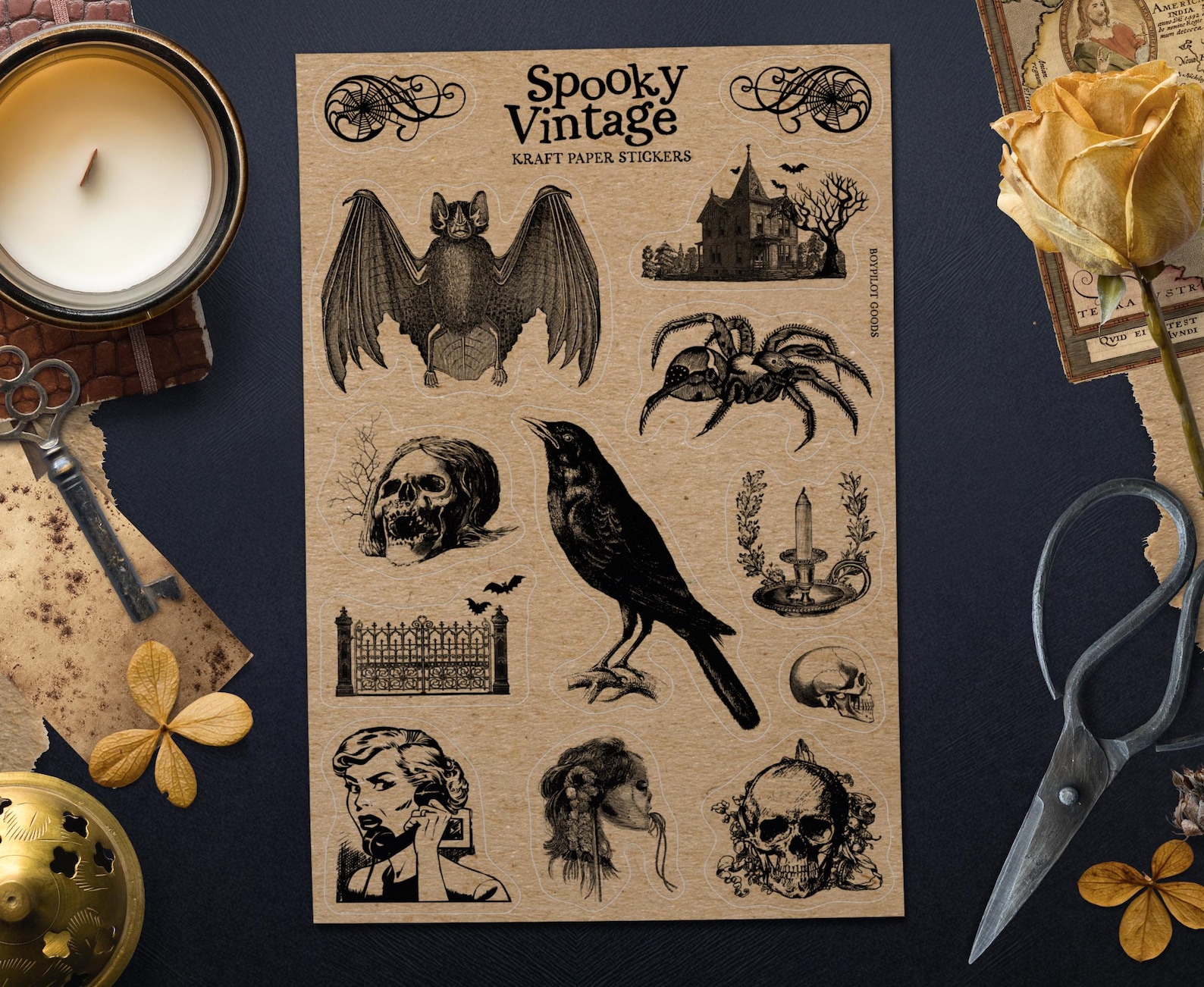 Vintage Horror Stickers - Halloween Spooky Creepy Antique Sticker Sheet ...