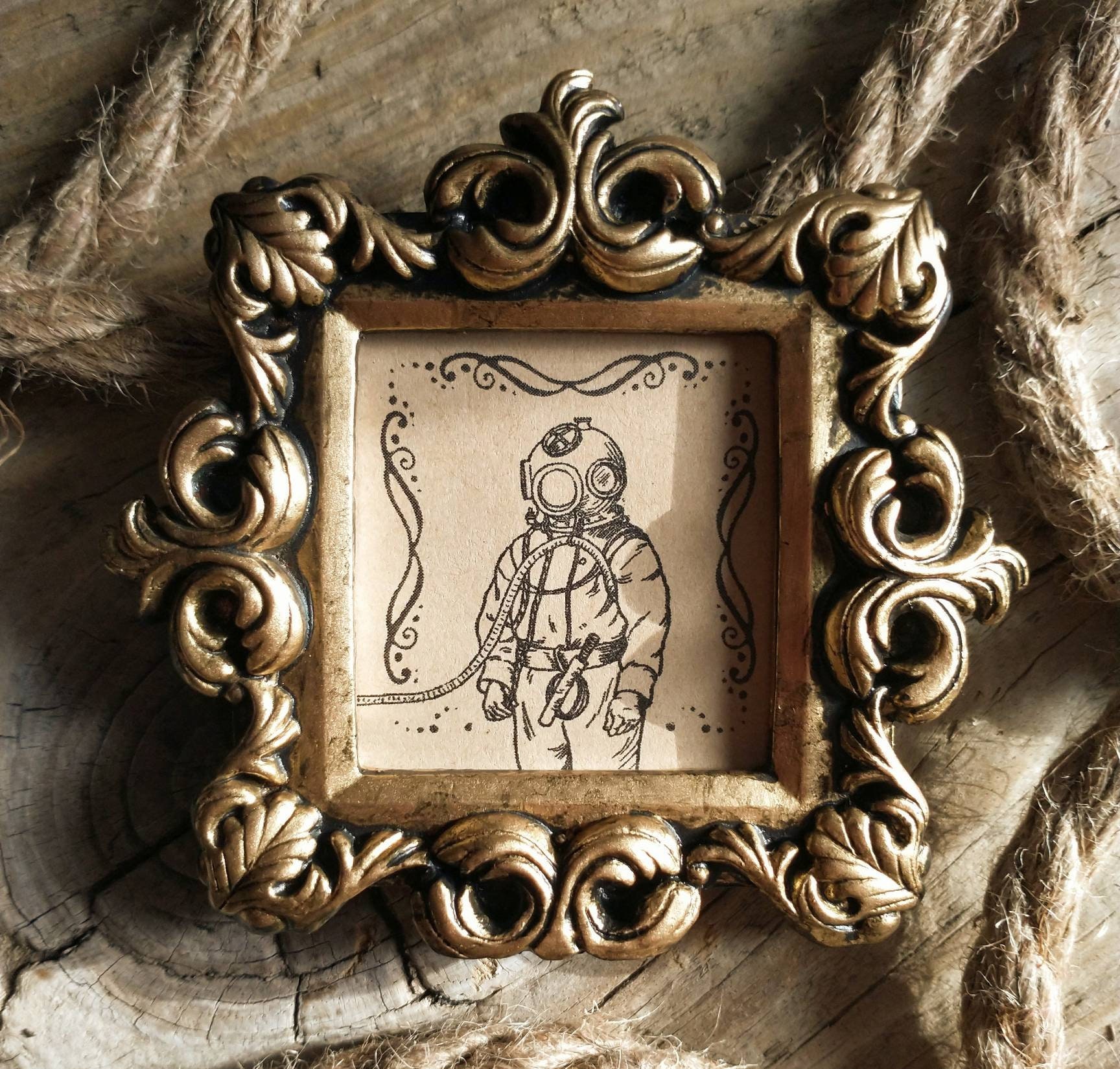 Deep Sea Diver Print in Baroque Frame - Vintage Style Ocean Curiousity ...