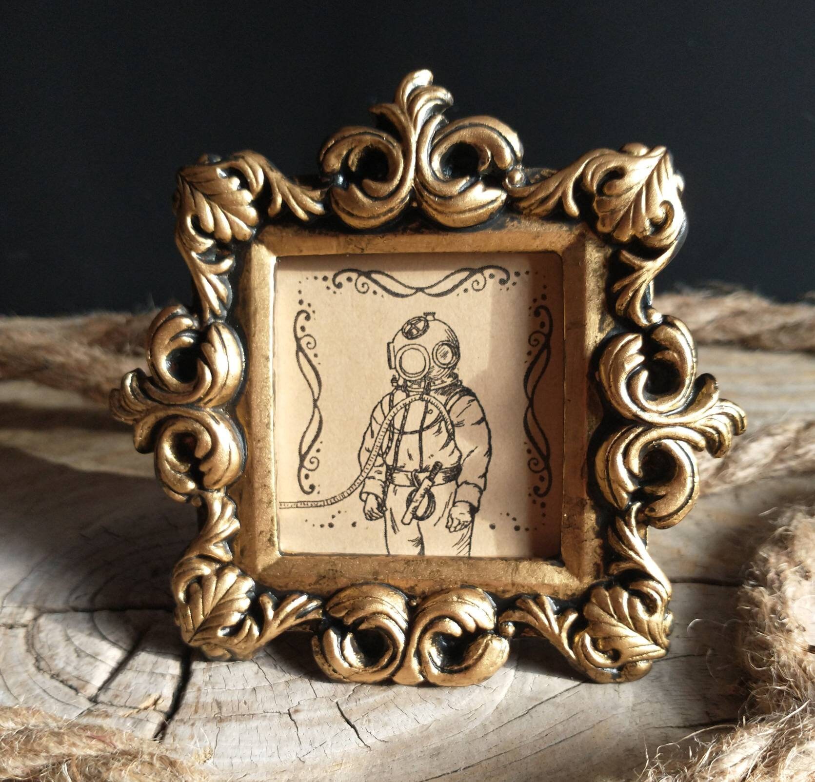 Deep Sea Diver Print in Baroque Frame - Vintage Style Ocean Curiousity ...