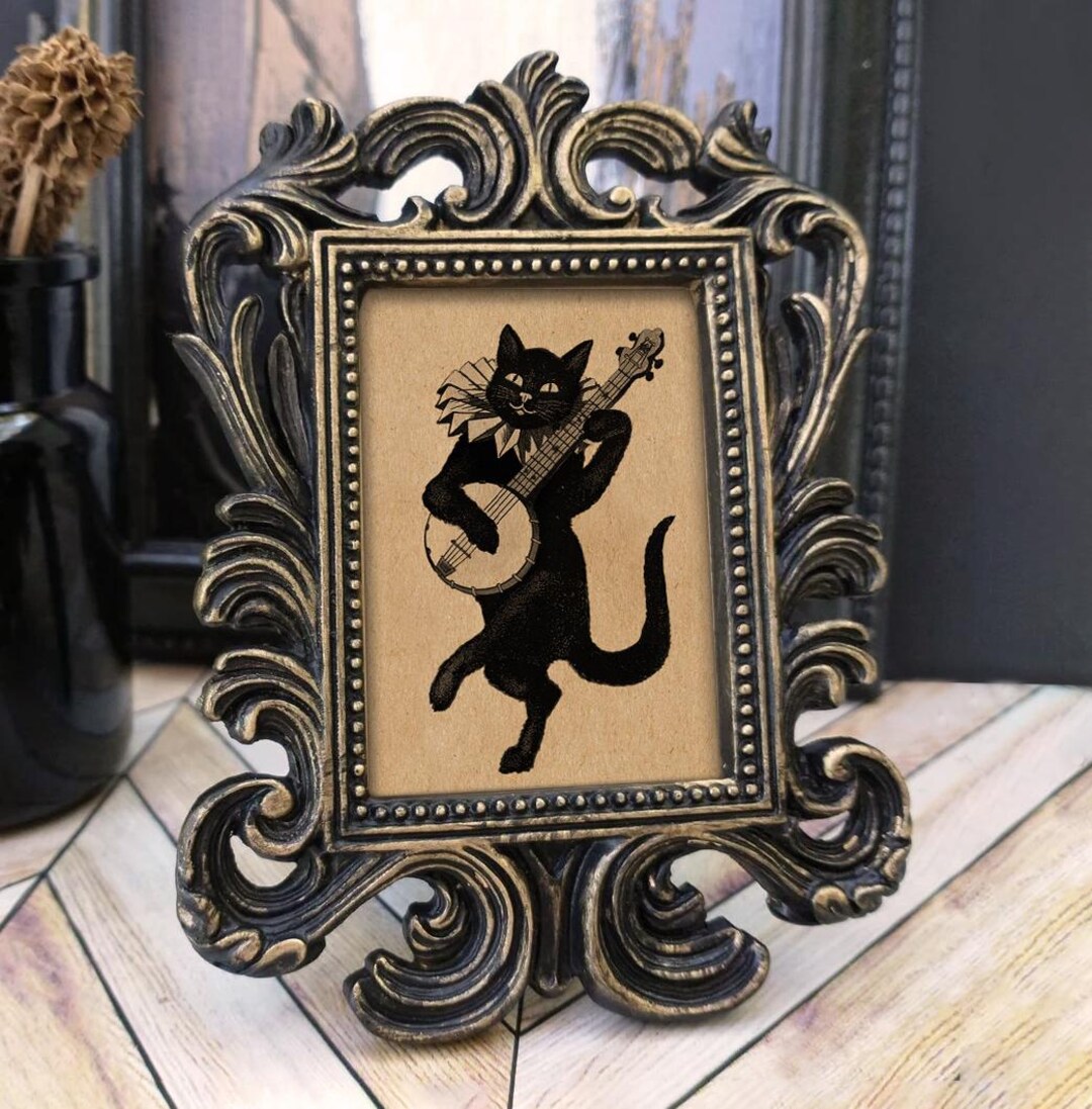 Banjo Cat Print: Funny Vintage Kitty Antique Art in Baroque Frame - Etsy UK