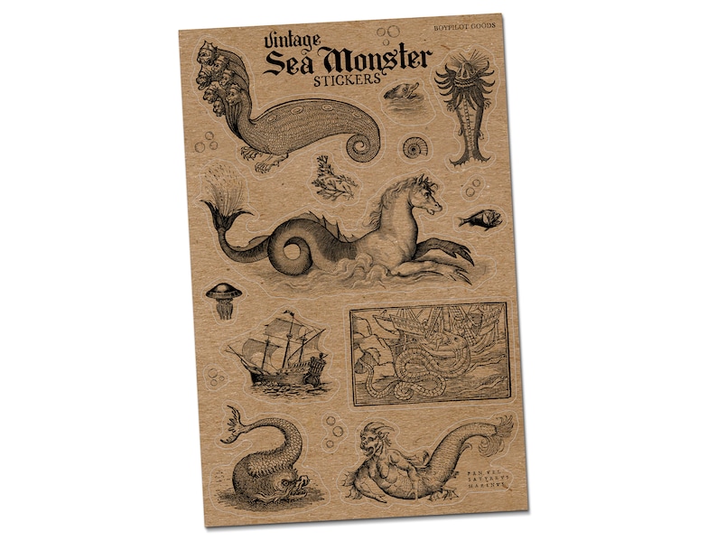 Vintage Sea Monster Stickers: Weird Ocean Creatures on Kraft Paper - Etsy