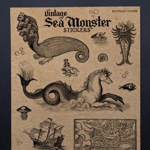 Vintage Sea Monster Stickers: Weird Ocean Creatures on Kraft Paper - Etsy