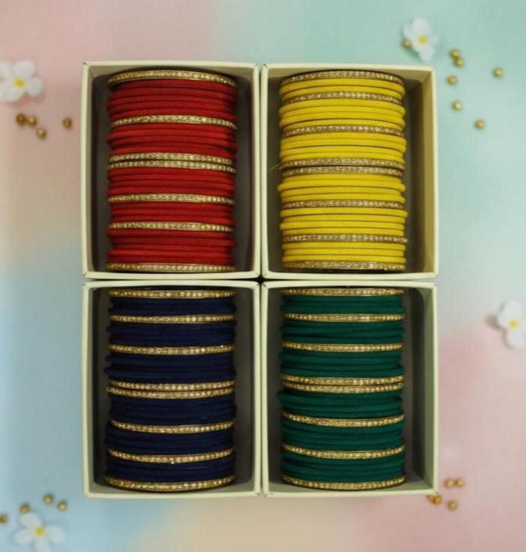 Traditional Velvet Bangle Set–red, Yellow, Green & Blue With Golden ...