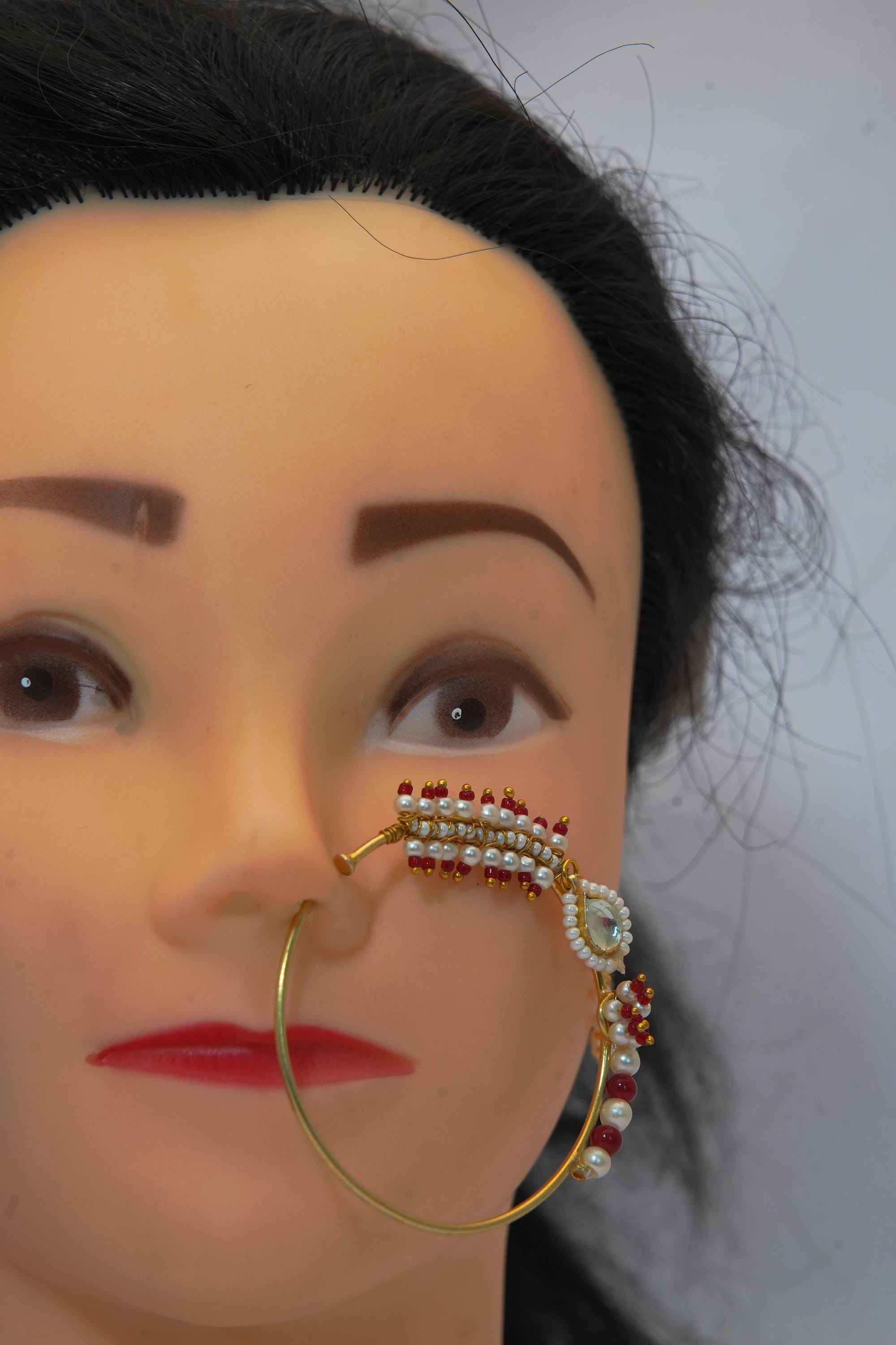 Traditional Gold-plated Kundan Nath With Pearls/red White Stones With ...