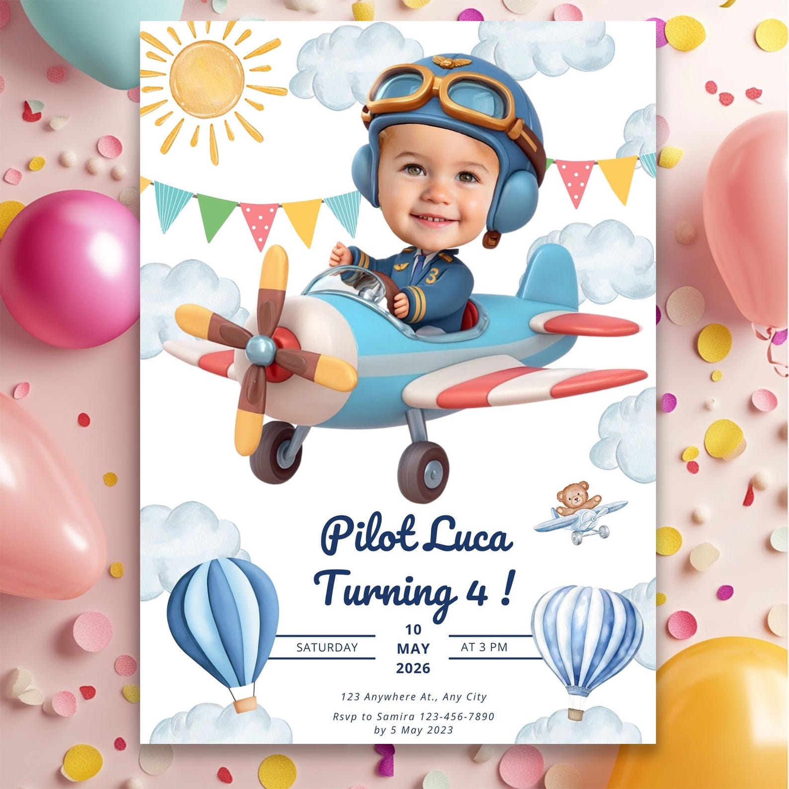 Pilot Birthday Invitation | Personalized Photo Face Invite | Aviator ...