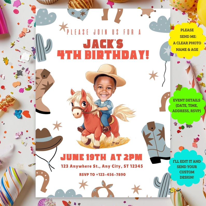 Little Cowboy Birthday Invitation | Personalized Face Photo Invite ...
