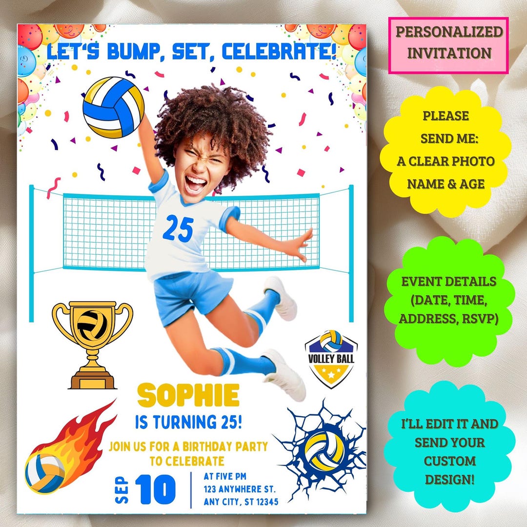 Volleyball Birthday Invitation: "personalised FACE Invite" Cartoon ...