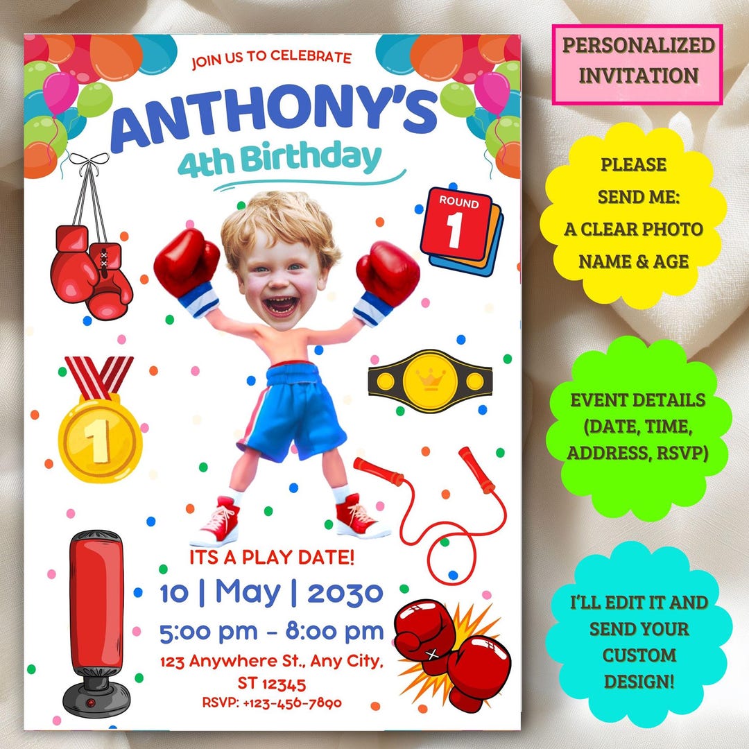 Boxer Birthday Invitations: "custom PHOTO Invites" Boxing Party ...