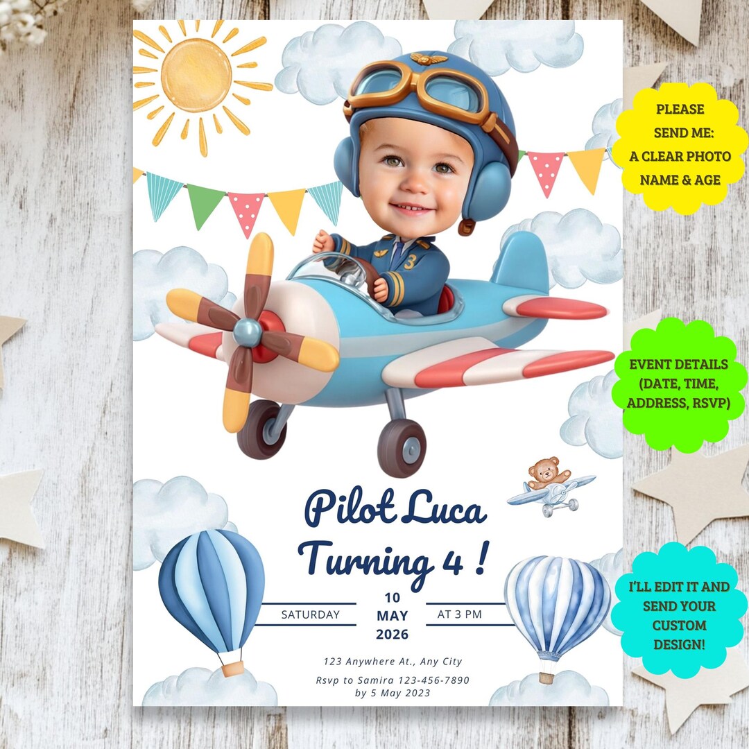 Pilot Birthday Invitation | Personalized Photo Face Invite | Aviator ...
