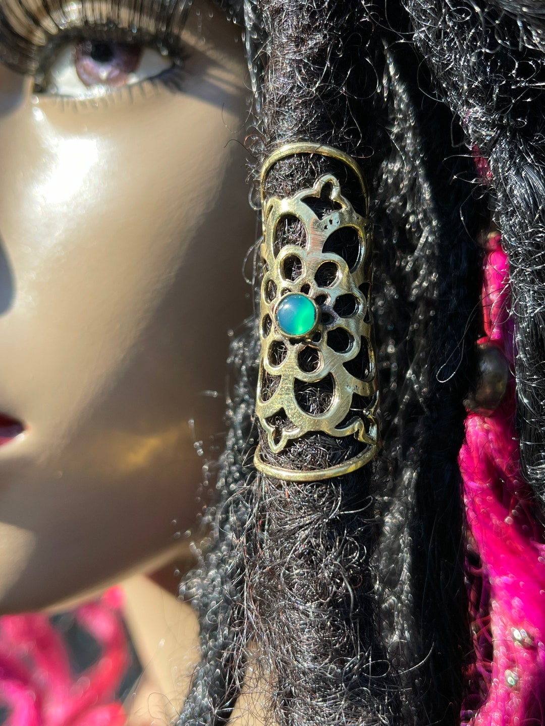 Green Onyx Brass Cuff Loc Jewelry Braid Boho Birthstone Flower of Life ...