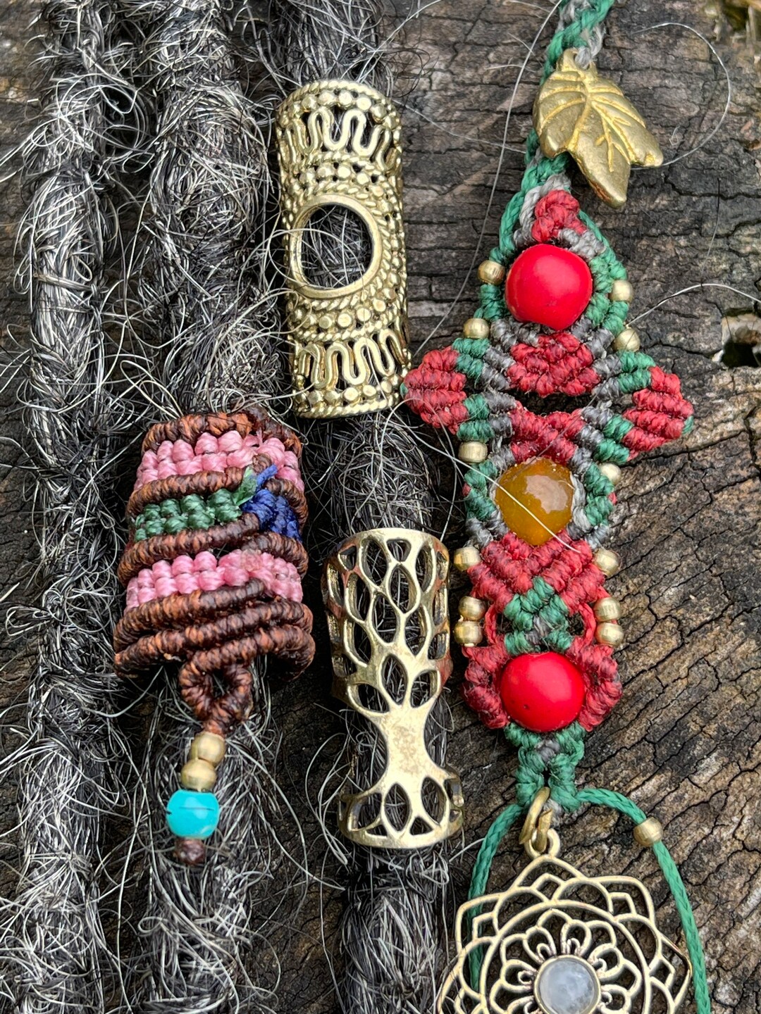 Rasta Dreadlock Bead Set: Brass Cuffs & Hemp Wrap - Boho Hair Jewelry ...