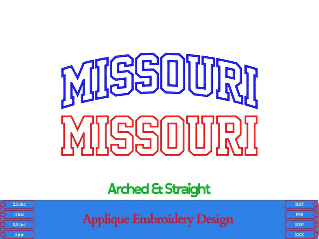 Missouri Applique Embroidery Design | Arched & Straight Varsity Font ...