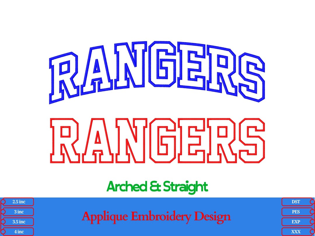 Rangers Applique Embroidery Design, Arched & Straight, Multiple Sizes ...