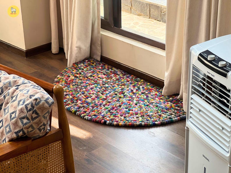 Multicolor Felt Ball Rug: Handmade Wool Semi-circle Mat - Etsy
