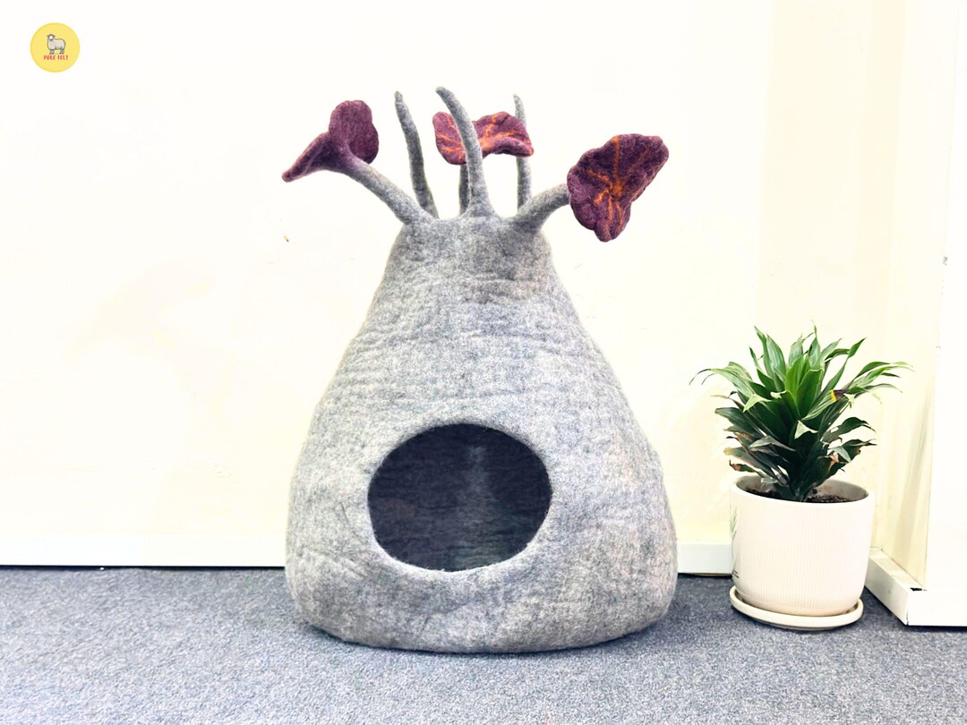 Handmade Wool Cat Cave: Grey Felted Pet Hideout With Flowers - Etsy